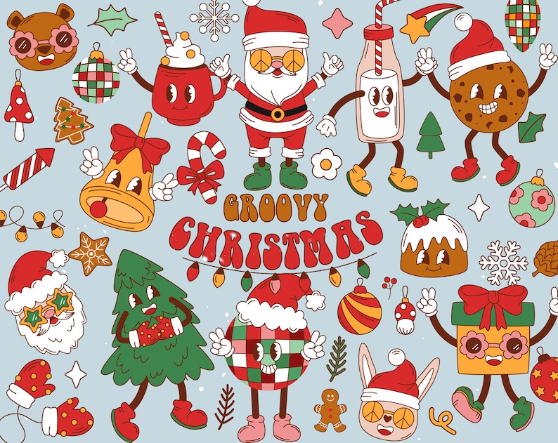 Retro Christmas Clipart, Groovy Retro SVG, Merry Christmas Characters ...
