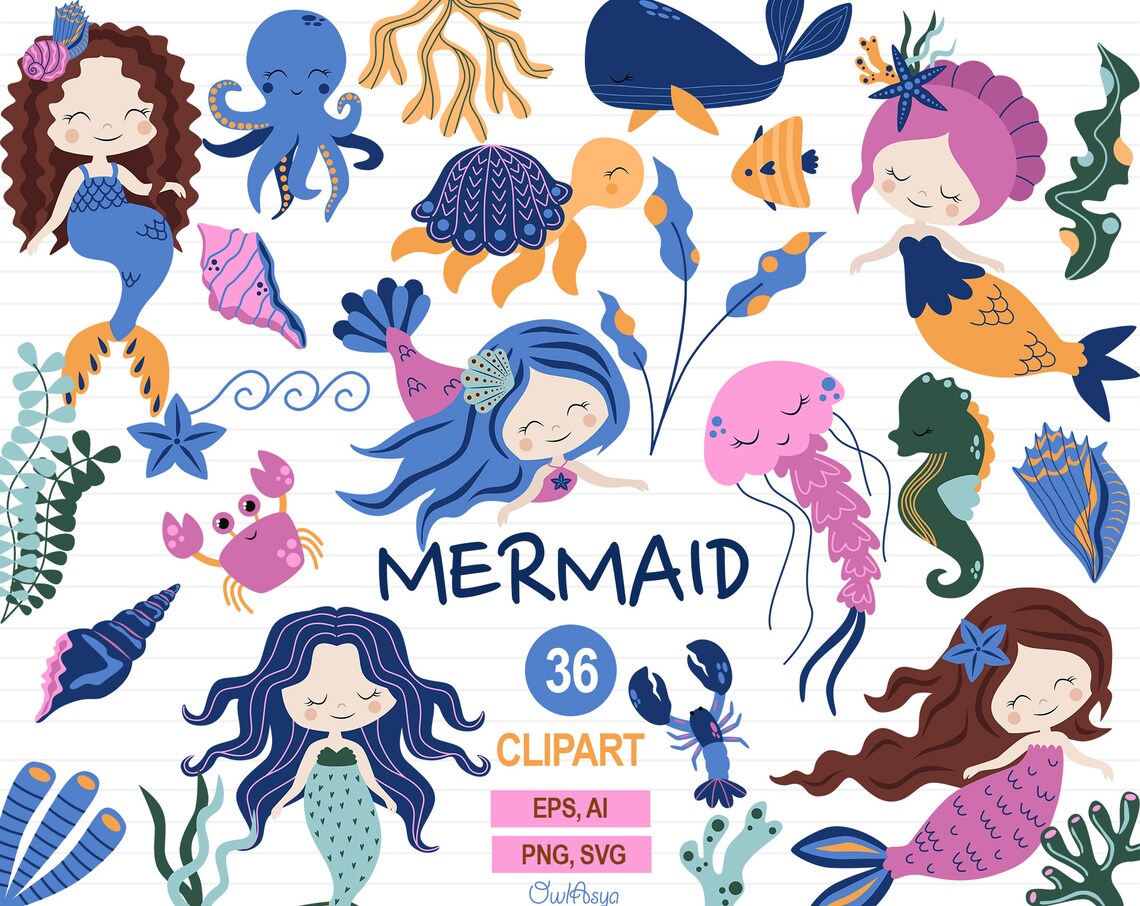 Mermaid Clipart Underwater Animals Mermaid SVG Sea Turtle - Etsy