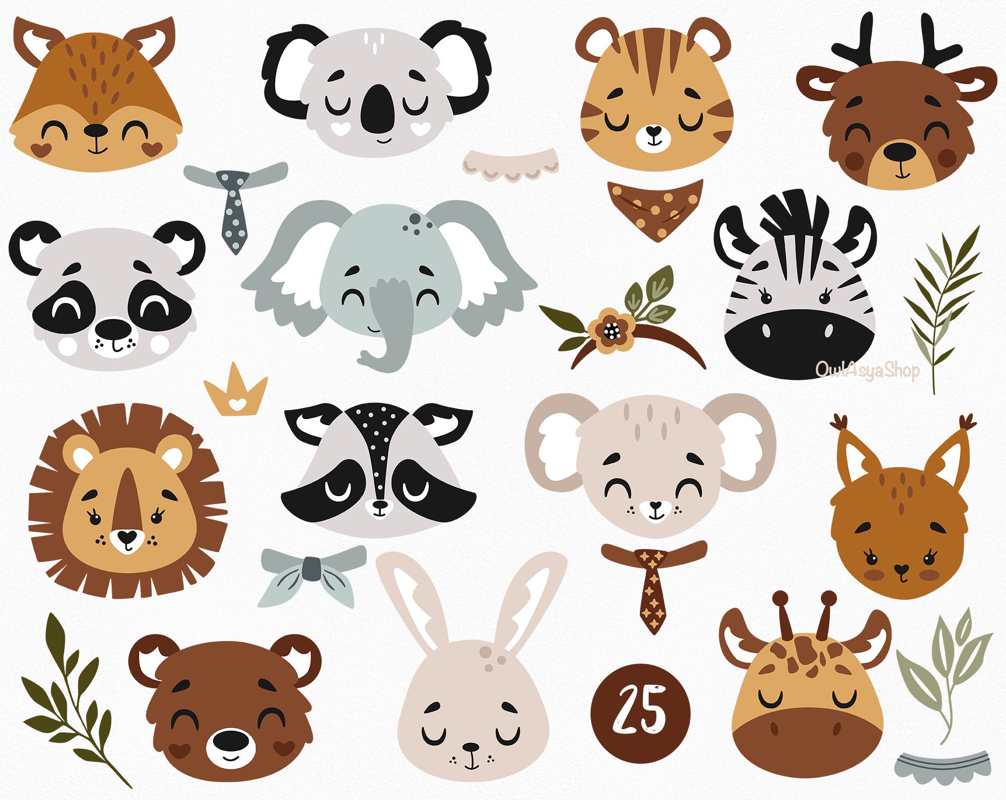 Boho Animals Svg, Animal Face Clipart, Bohemian Clipart, Boho Baby Svg ...