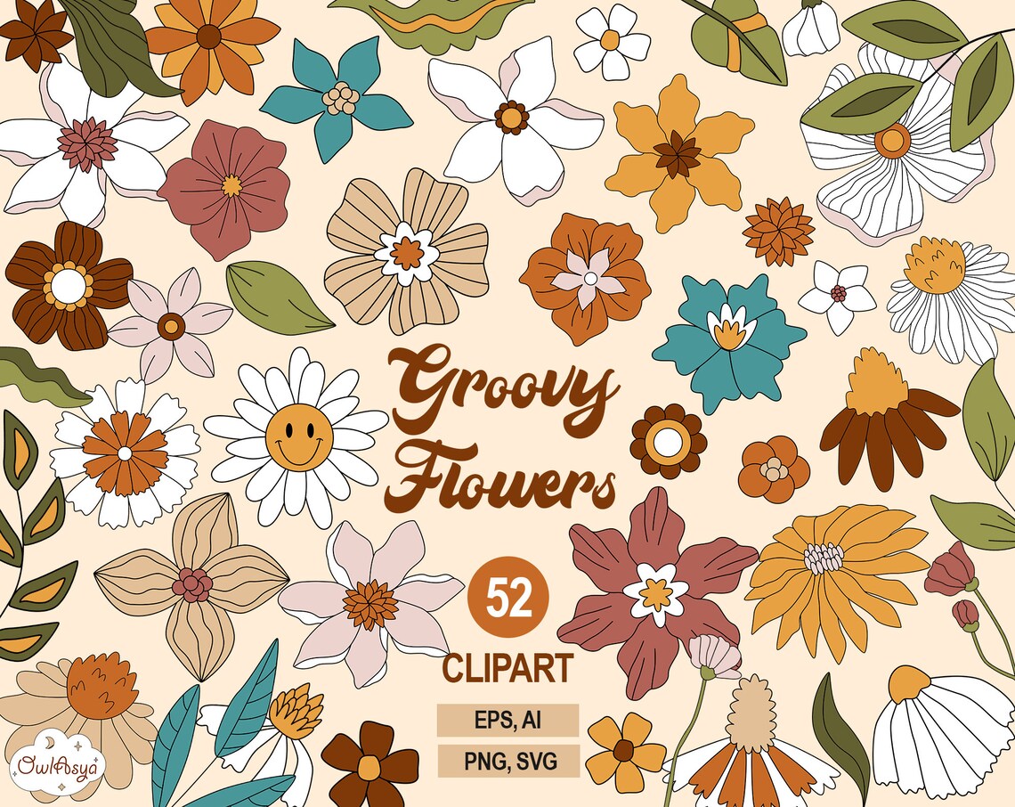 Groovy Flowers Clipart, 70's Boho Flowers SVG, Groovy Boho Clip Art ...