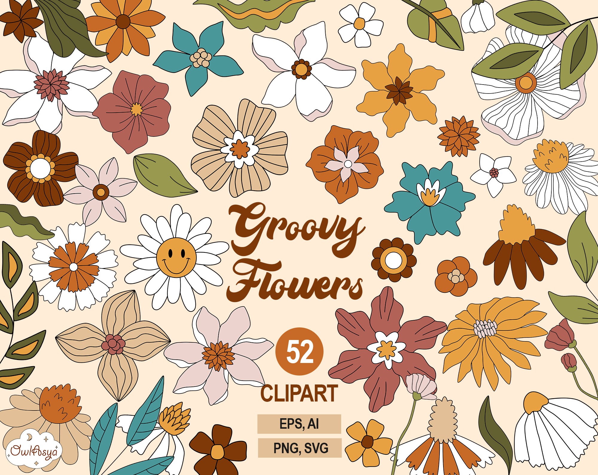 Groovy Flowers Clipart, 70's Boho Flowers SVG, Groovy Boho Clip Art ...