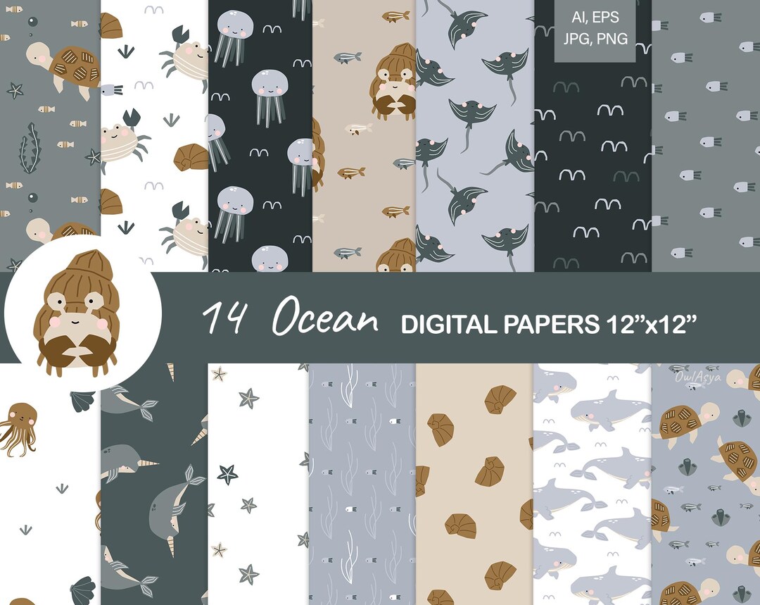 Ocean Animals Digital Papers, Animals Seamless Patterns, Undersea ...