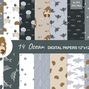 Ocean Animals Digital Papers, Animals Seamless Patterns, Undersea ...