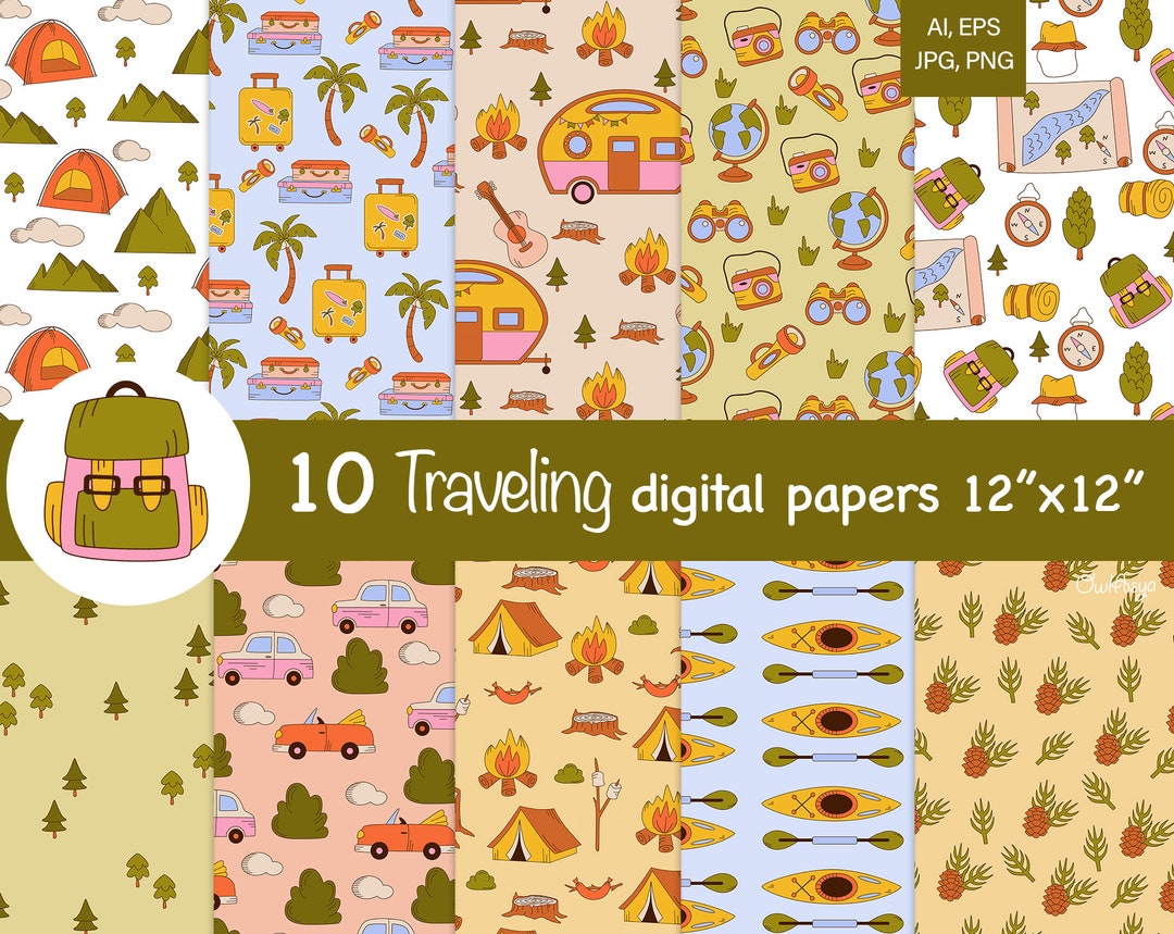 Traveling Digital Paper, Summer Travel Seamless Pattern, Tourism ...