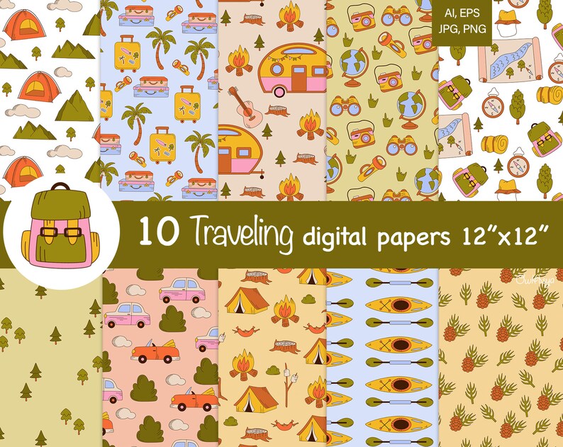 Traveling Digital Paper, Summer Travel Seamless Pattern, Tourism ...