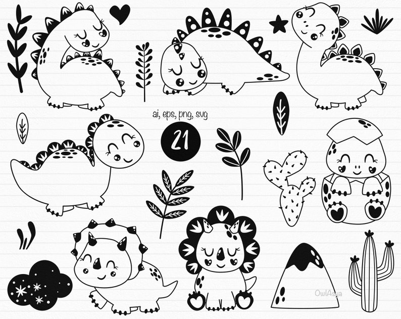 Dinosaur SVG, Black Dino Clipart, Baby Dino PNG, Nursery Printable, T ...