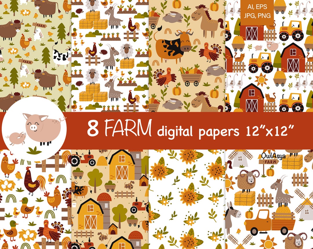 Farm Animals Digital Paper, Animal Seamless Pattern, Farm Background ...
