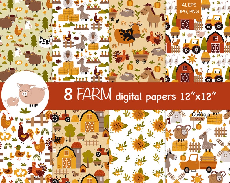 Farm Animals Digital Paper, Animal Seamless Pattern, Farm Background ...