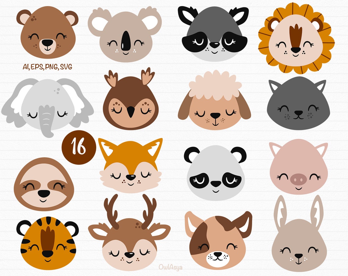 Baby Animals Head Clipart - Cute Baby Shower Nursery Decor - Animals ...
