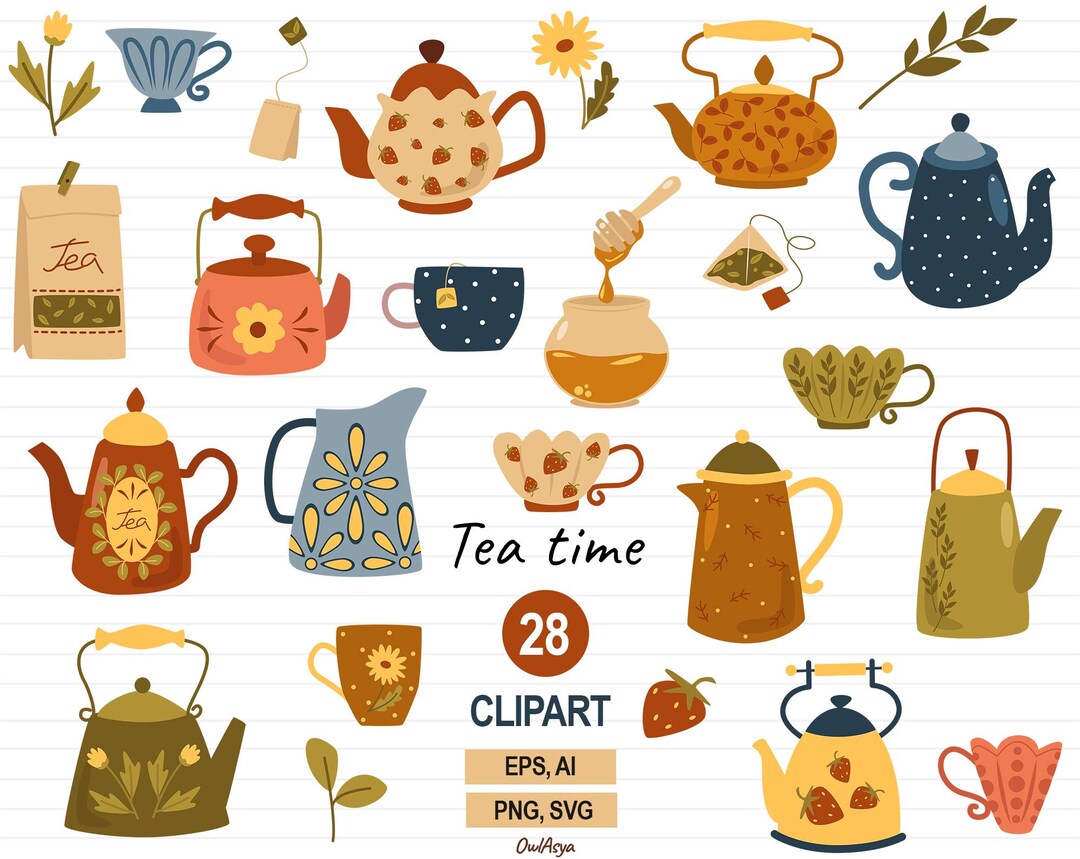 Cute Teapot Clipart, Tea Time PNG, Mug SVG, Vintage Floral Teapot ...
