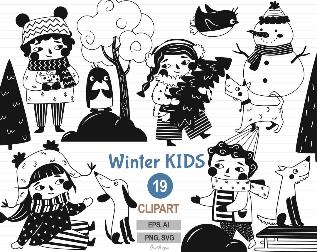 Black Winter Kids Clipart, Outline Children Vector SVG, Christmas Dog ...