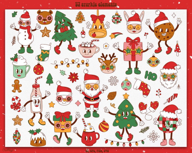 Retro Christmas Clipart, Groovy Retro SVG, Merry Christmas Characters ...