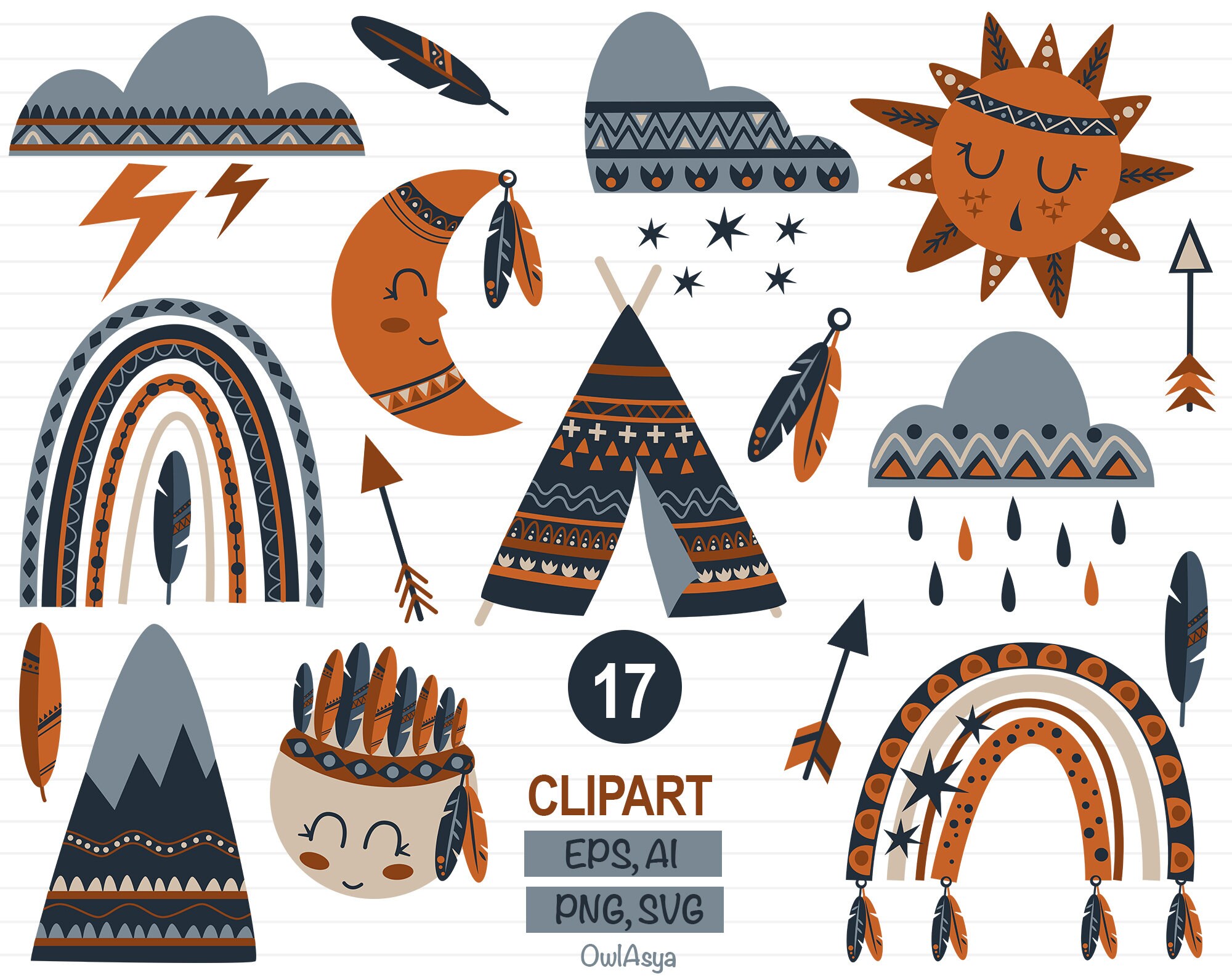 Baby Weather Clipart, Rainbow SVG, Tribal Nursery Printable, Moon PNG ...