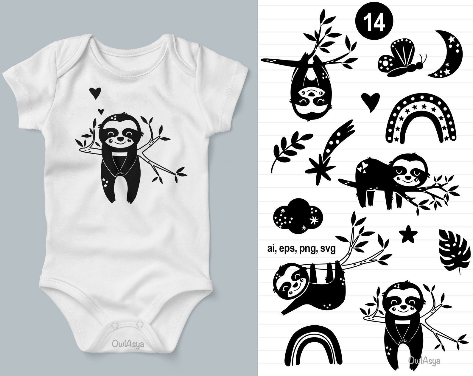 Sloth SVG, Black Sloth Clipart, Animal SVG, Rainbow Clipart, Hanging ...