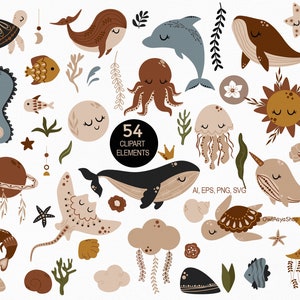 Ocean Animals Svg, Boho Sea Animals Clipart, Boho Whale Svg, Sea Life Svg, Nursery Wall Art ...
