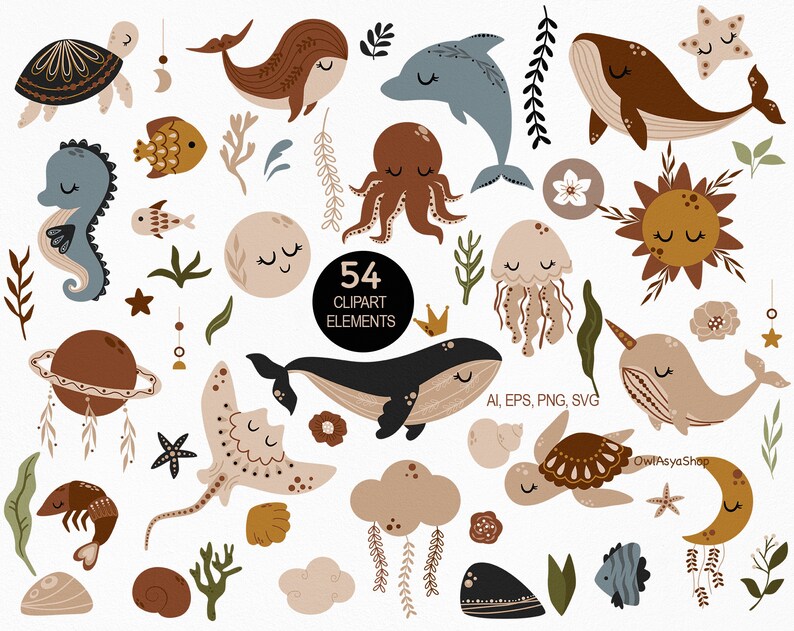 Ocean Animals Svg, Boho Sea Animals Clipart, Boho Whale Svg, Sea Life ...