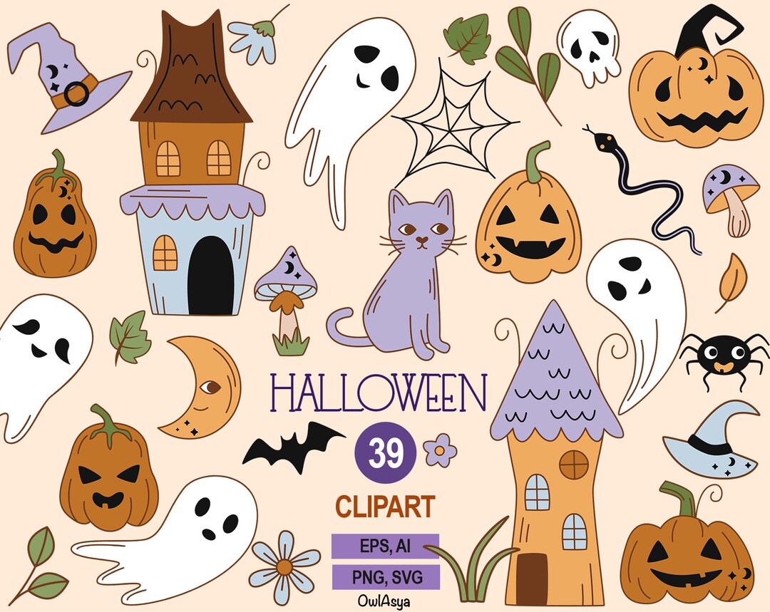 Groovy Halloween Clipart, Cute Ghost SVG, Halloween Pumpkin PNG, Vector ...