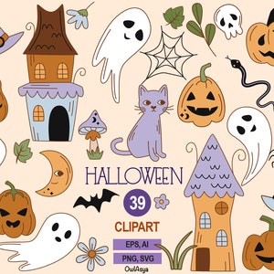 Groovy Halloween Clipart, Cute Ghost SVG, Halloween Pumpkin PNG, Vector ...
