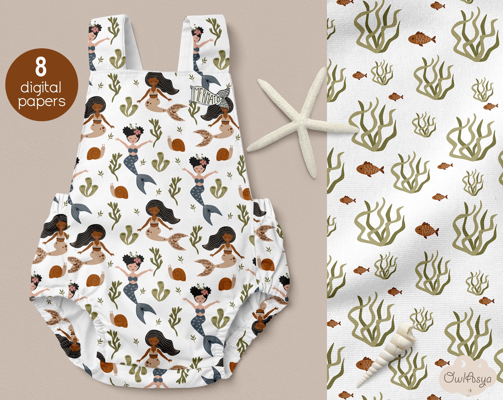 Boho Mermaid Digital Paper, Ocean Animals Pattern, Boho Sea Printable ...