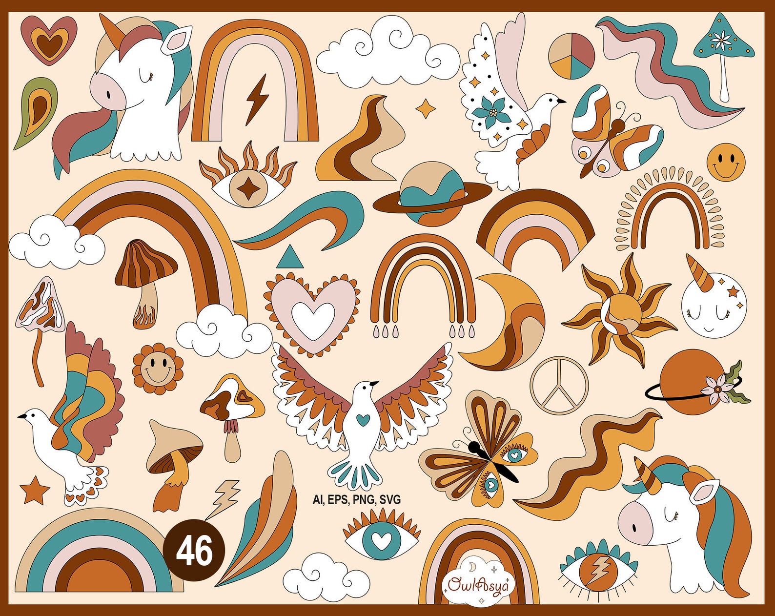 Retro Vibes Clipart, 70's Boho Groovy, Hippie Vintage Clipart, Logo ...