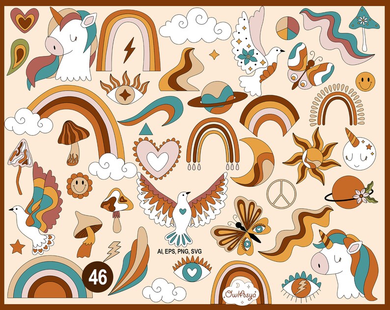 Retro Vibes Clipart, 70's Boho Groovy, Hippie Vintage Clipart, Logo ...
