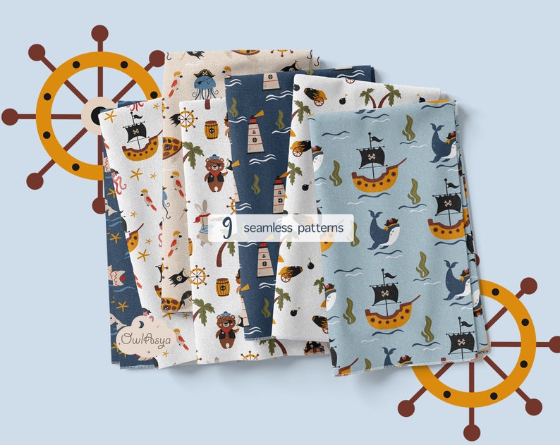 Pirate Animals Digital Paper, Pirate Seamless Pattern, Sea Life ...