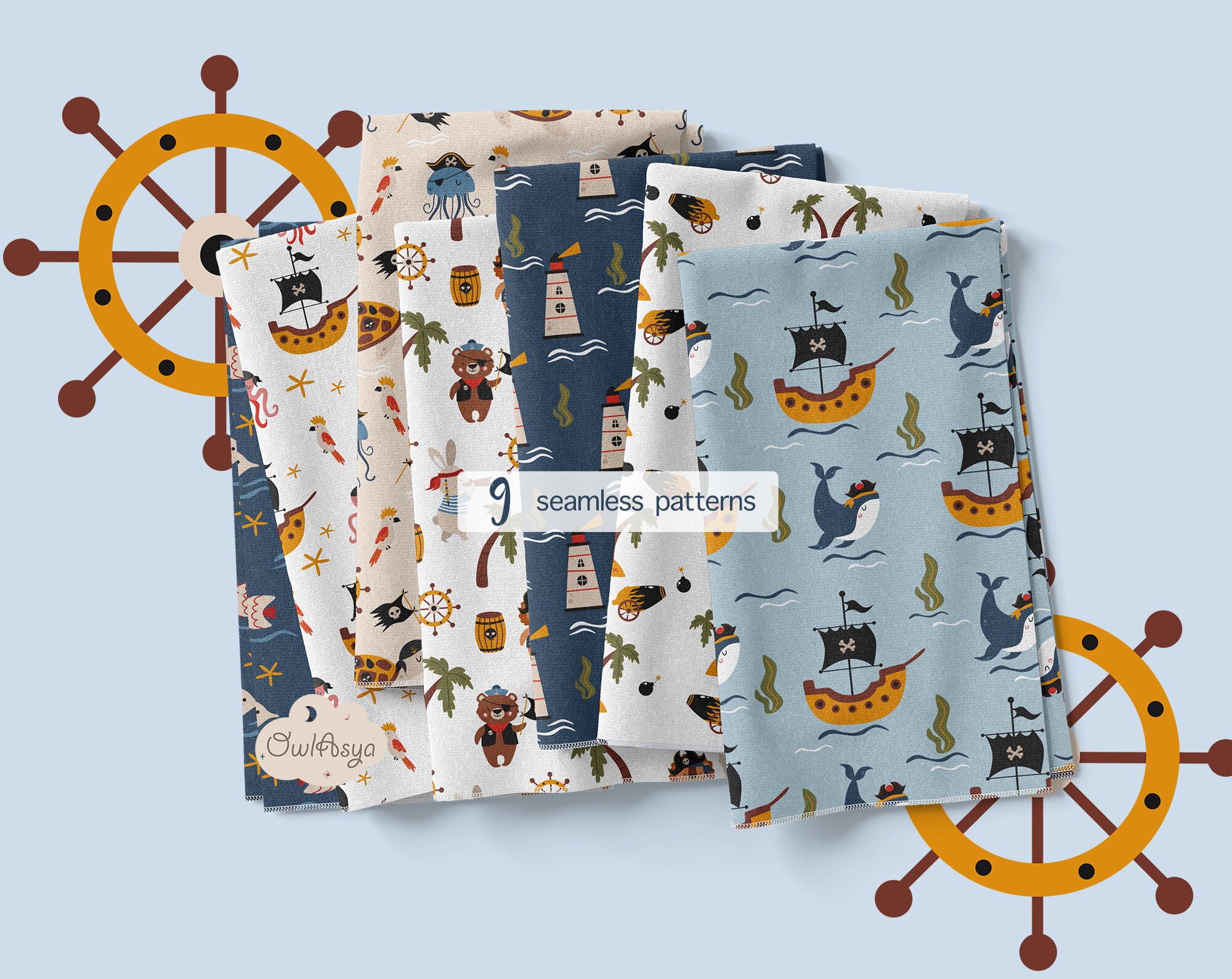 Pirate Animals Digital Paper, Pirate Seamless Pattern, Sea Life ...