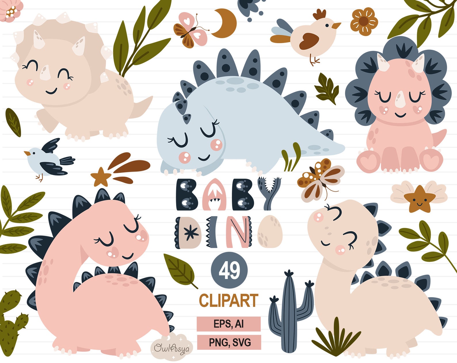 Baby Dino Clipart, Cute Dinosaur SVG, Jurassic Illustration, Girl Dino ...