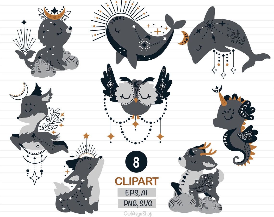 Celestial Animals Clipart, Mystical Animals SVG, Moon Child Clipart ...