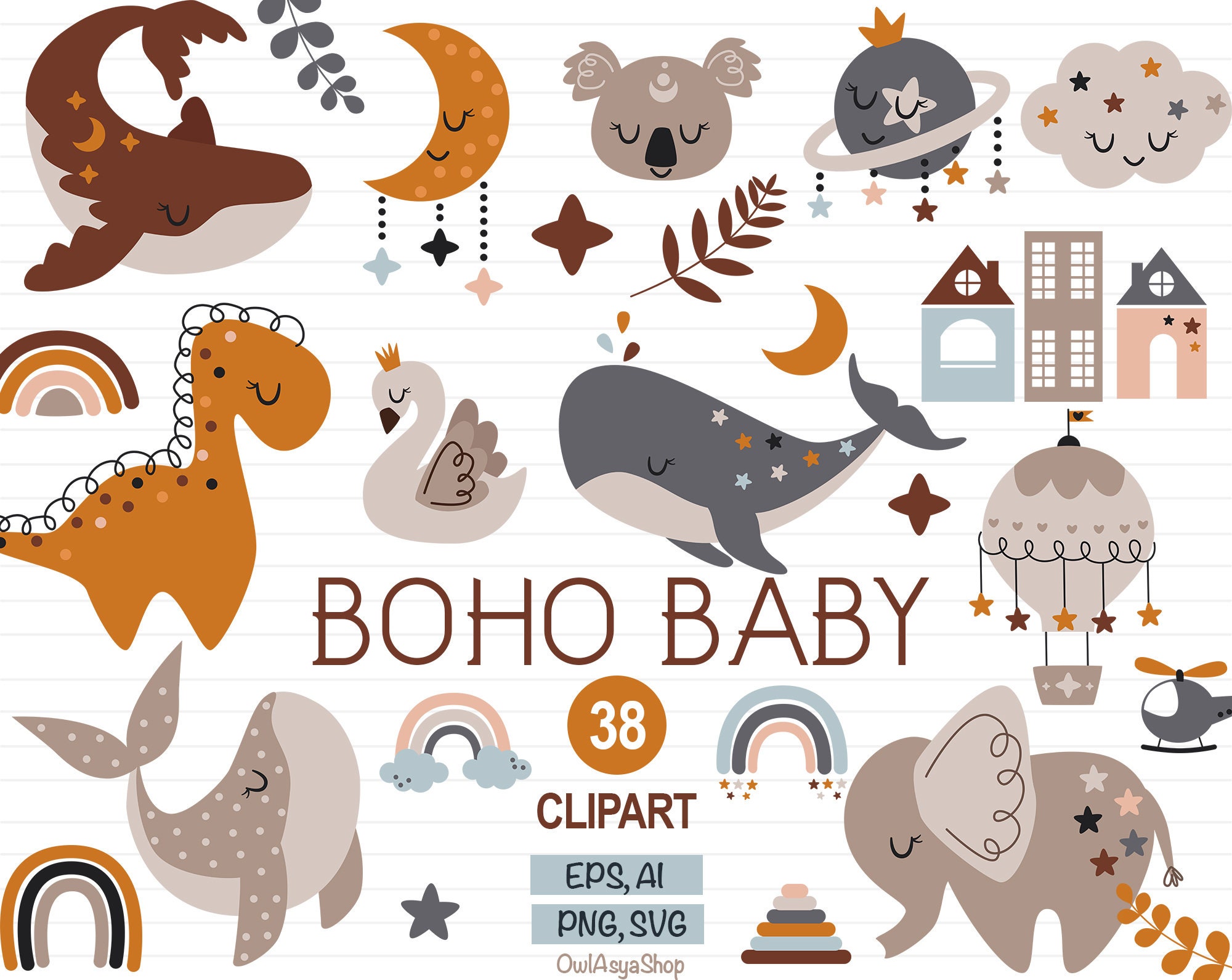Bohemian Clipart Boho Baby Svg Boho Clipart Set Moon Svg Boho Rainbow ...