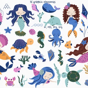 Mermaid Clipart, Underwater Animals, Mermaid SVG, Sea Turtle, Sea Life ...