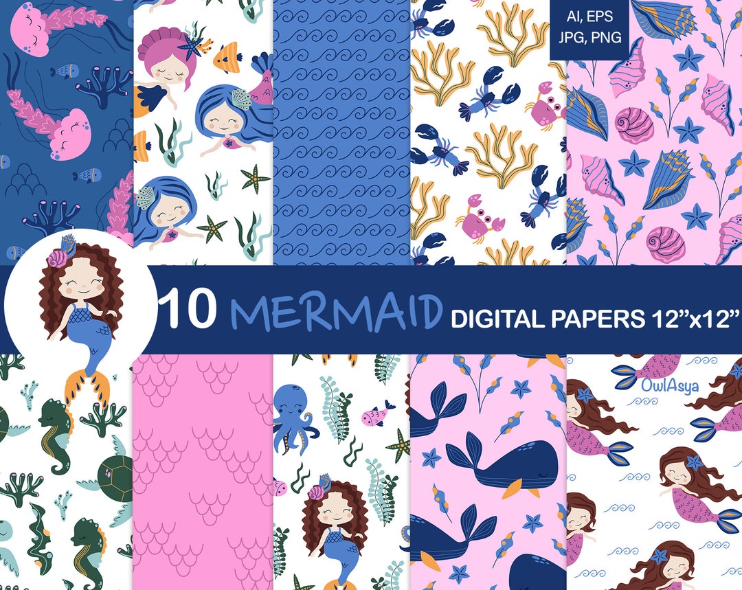 Mermaid Digital Paper, Sea Animals Pattern, Underwater Scrapbook ...