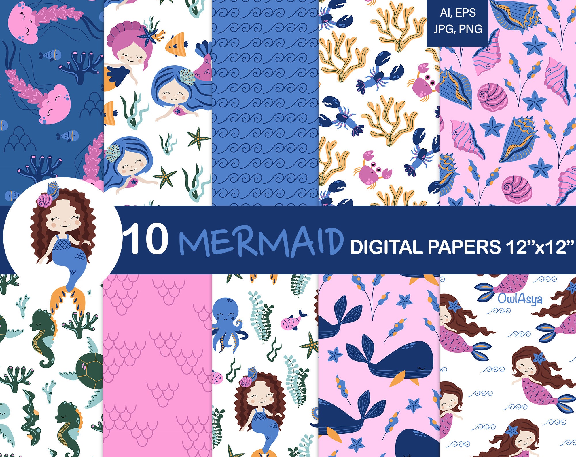 Mermaid Digital Paper, Sea Animals Pattern, Underwater Scrapbook ...