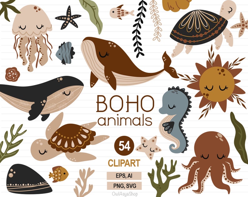 Ocean Animals Svg, Boho Sea Animals Clipart, Boho Whale Svg, Sea Life Svg, Nursery Wall Art ...