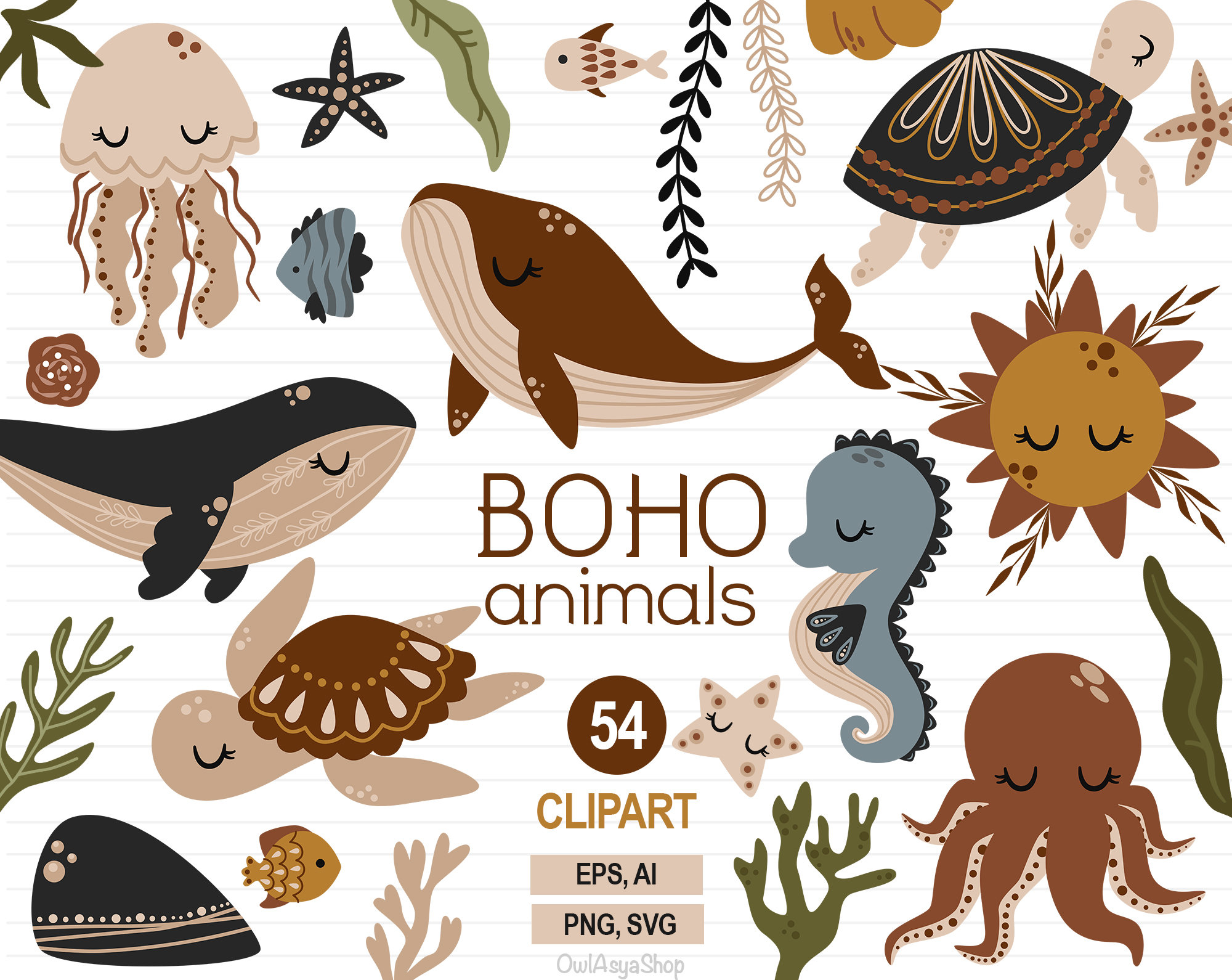 Ocean Animals Svg, Boho Sea Animals Clipart, Boho Whale Svg, Sea Life ...