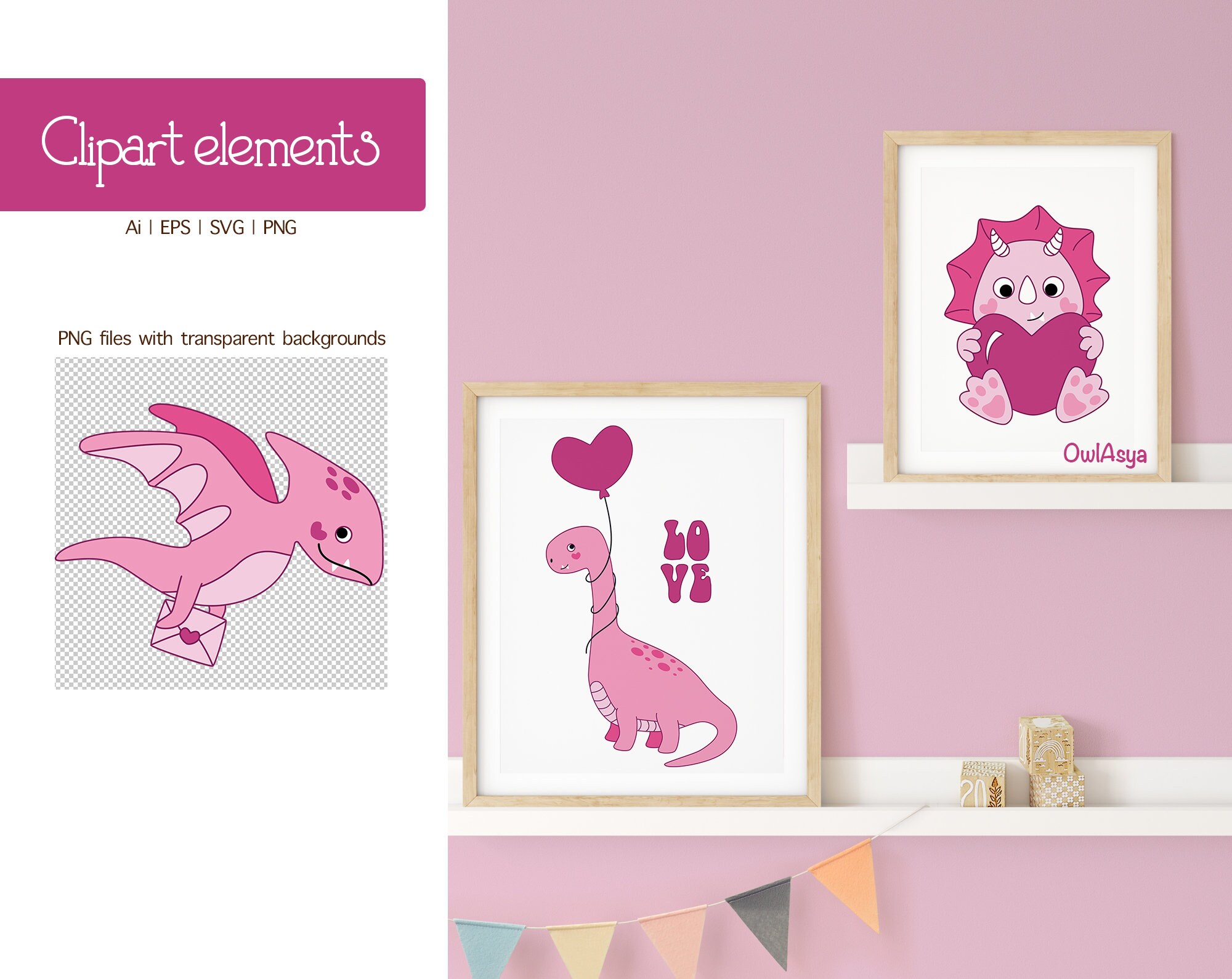 Valentines Dino Clipart, Love Dinosaur SVG, Pink Dino PNG, Valentines ...
