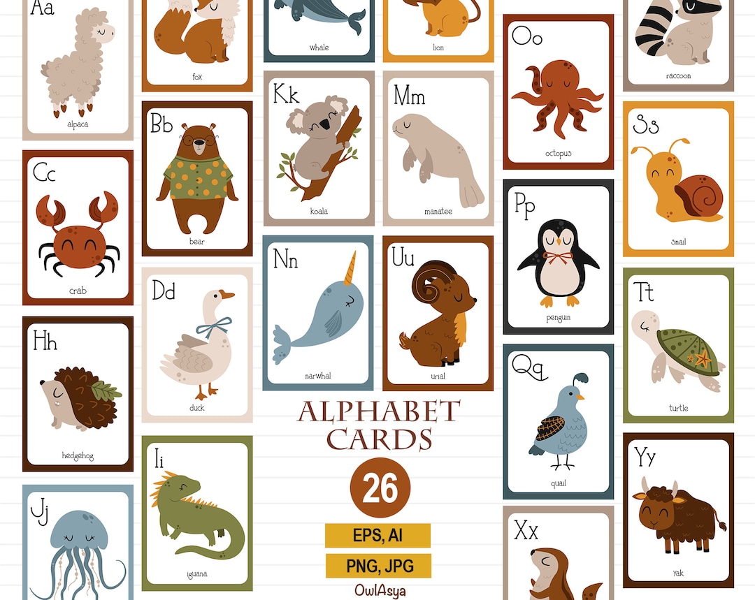 Printable Alphabet Animals Cards, Digital Cards, Animals PNG, Alphabet ...