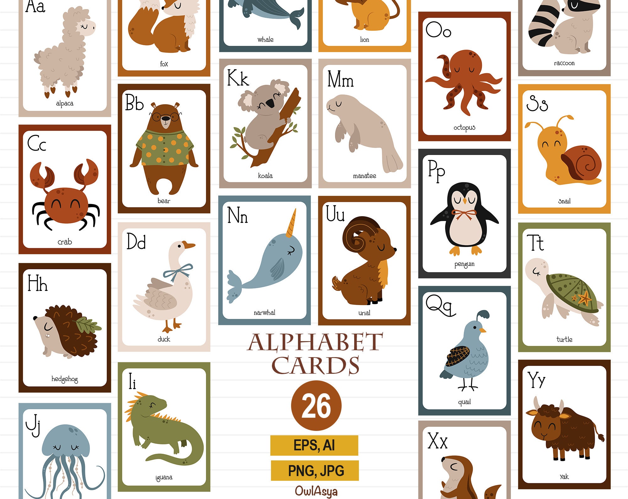Printable Alphabet Animals Cards, Digital Cards, Animals PNG, Alphabet ...