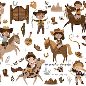 Hand Drawn Cowboy Cowgirl Vector Clipart, Wild West SVG, Western Kids ...