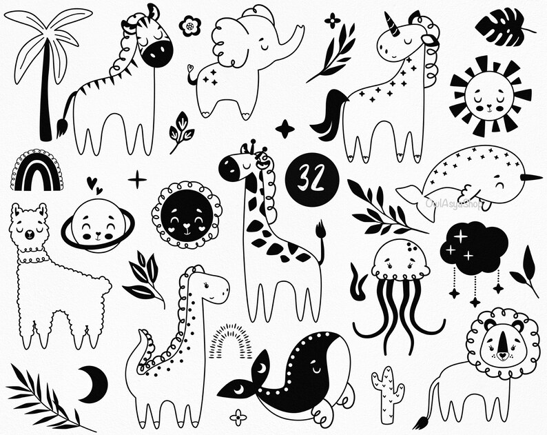 Black Animals Svg, Boho Animals Clipart, Baby Animals Png, Nursery ...