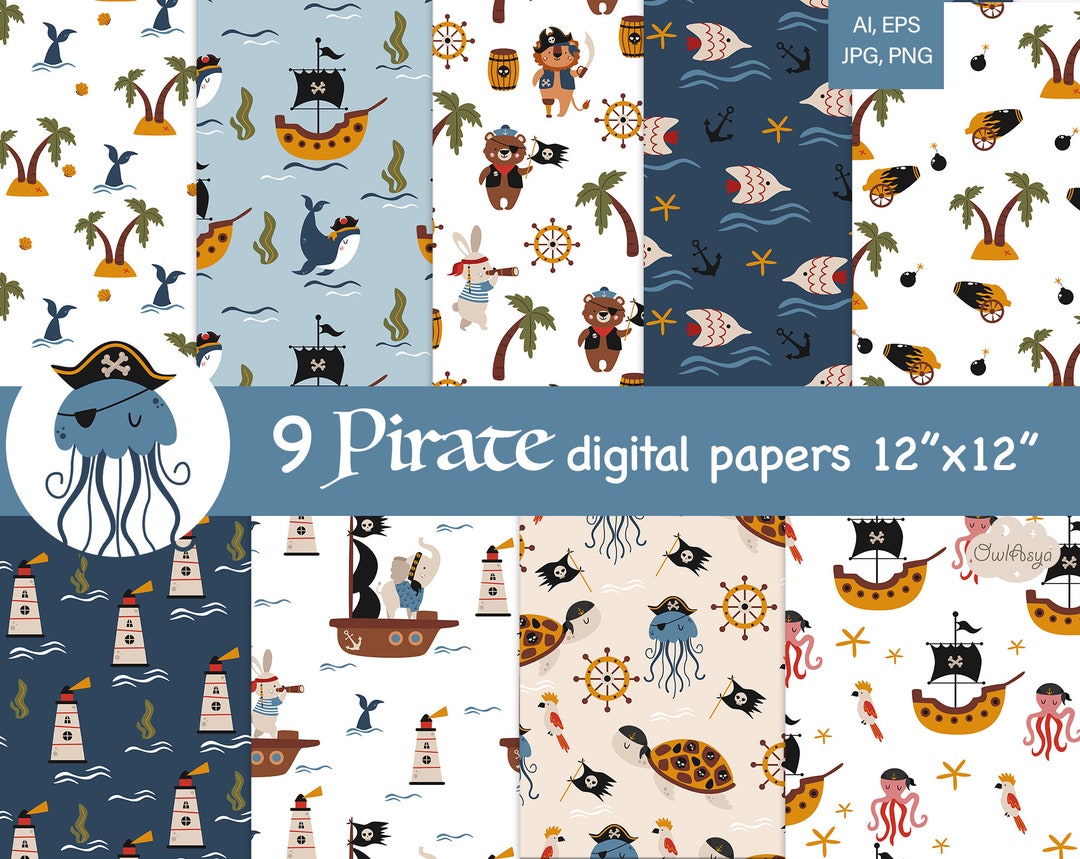 Pirate Animals Digital Paper, Pirate Seamless Pattern, Sea Life ...