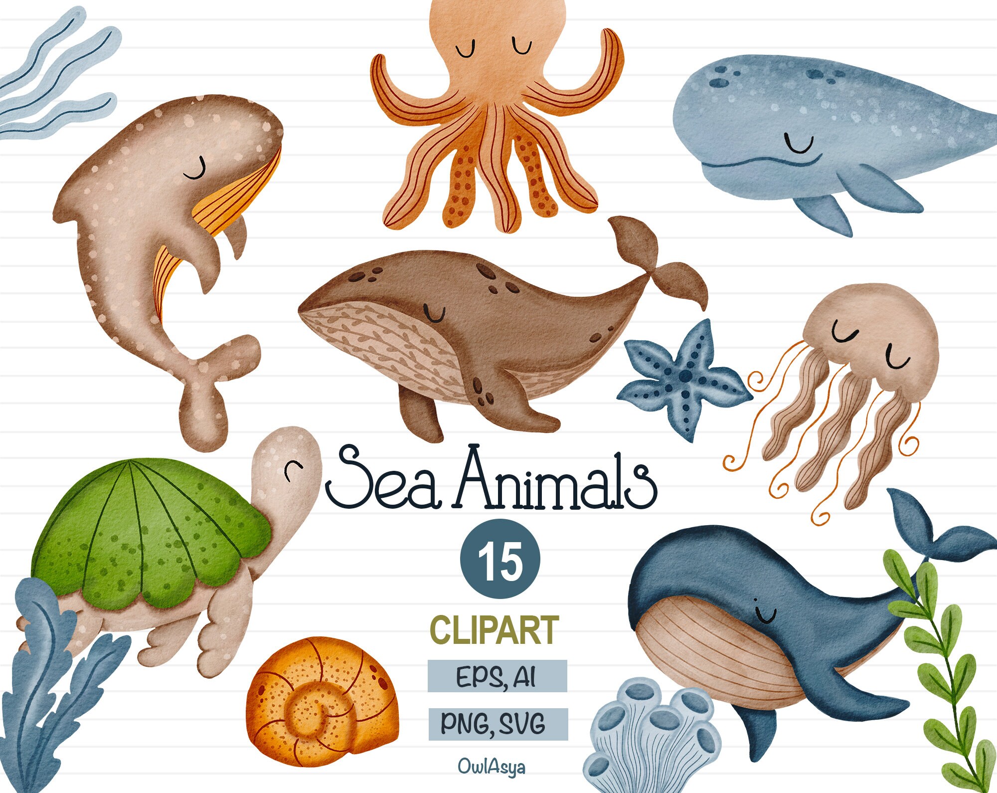 Sea Watercolor Animals Clipart Undersea Animals Ocean - Etsy