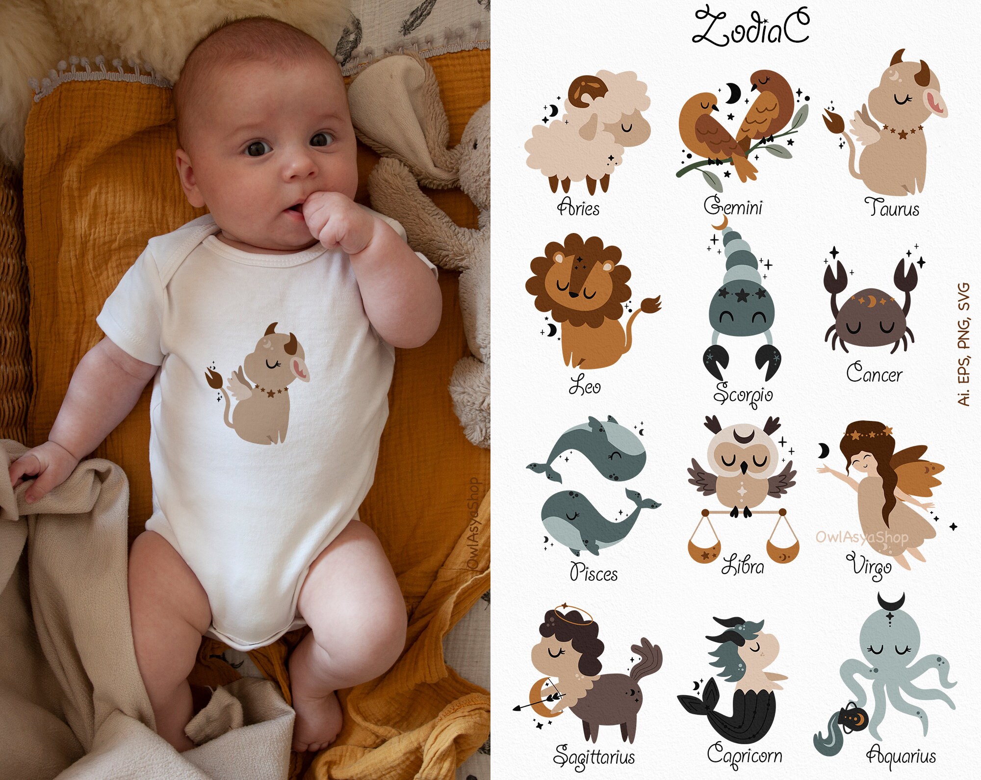 Zodiac Baby SVG, Astrology Clipart, Celestial Animals PNG, Zodiac Signs ...