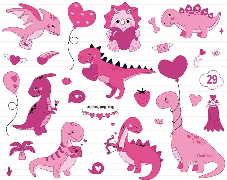 Valentines Dino Clipart, Love Dinosaur SVG, Pink Dino PNG, Valentines ...