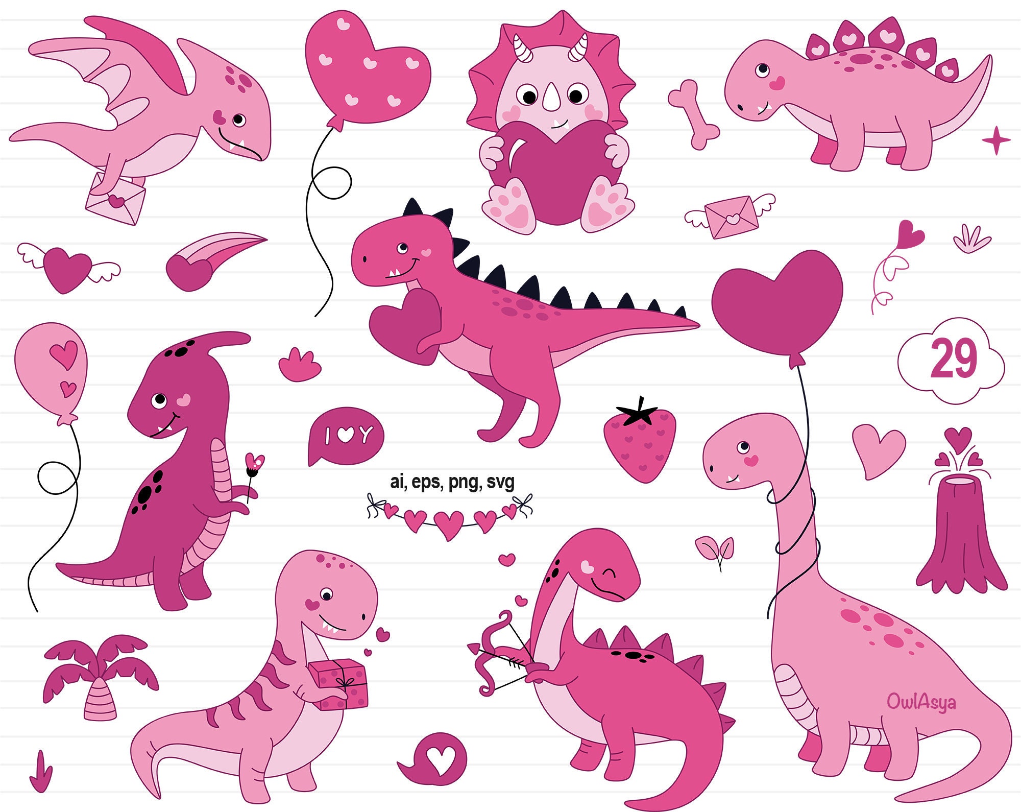 Valentines Dino Clipart, Love Dinosaur SVG, Pink Dino PNG, Valentines ...