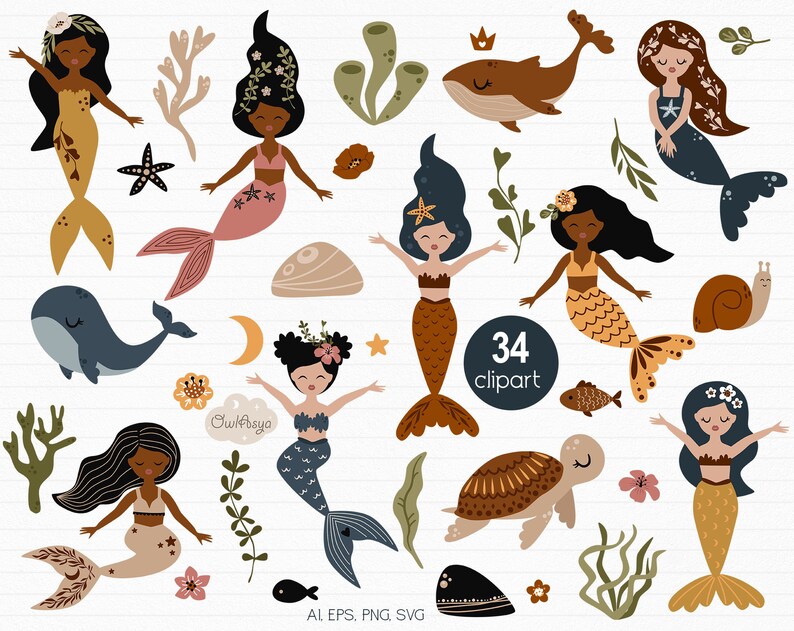 Mermaid Clipart, Underwater Animals, Cute Mermaid PNG, Sea Turtle ...