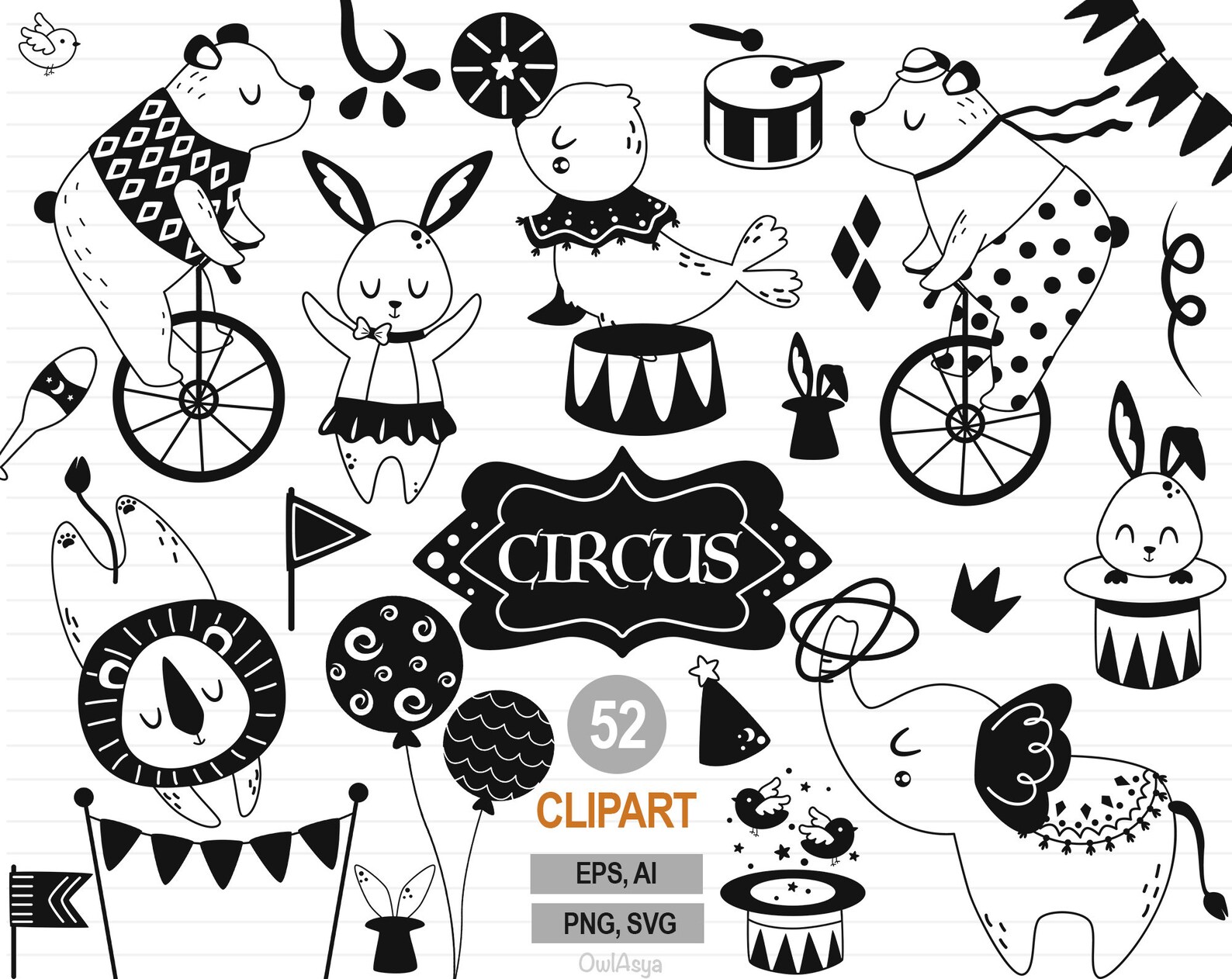 Black Circus Clipart, Black Animals SVG, Circus Animals PNG, Line ...