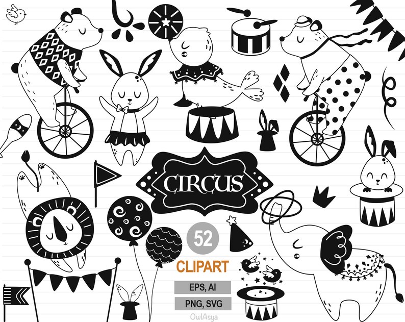 Black Circus Clipart, Black Animals SVG, Circus Animals PNG, Line ...