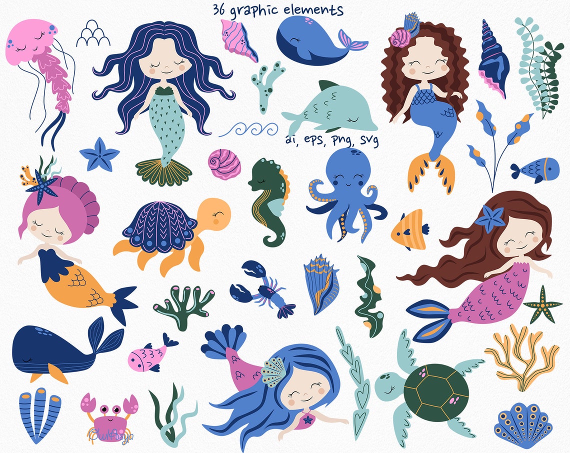 Mermaid Vector Clipart Sea Animals SVG Underwater PNG - Etsy