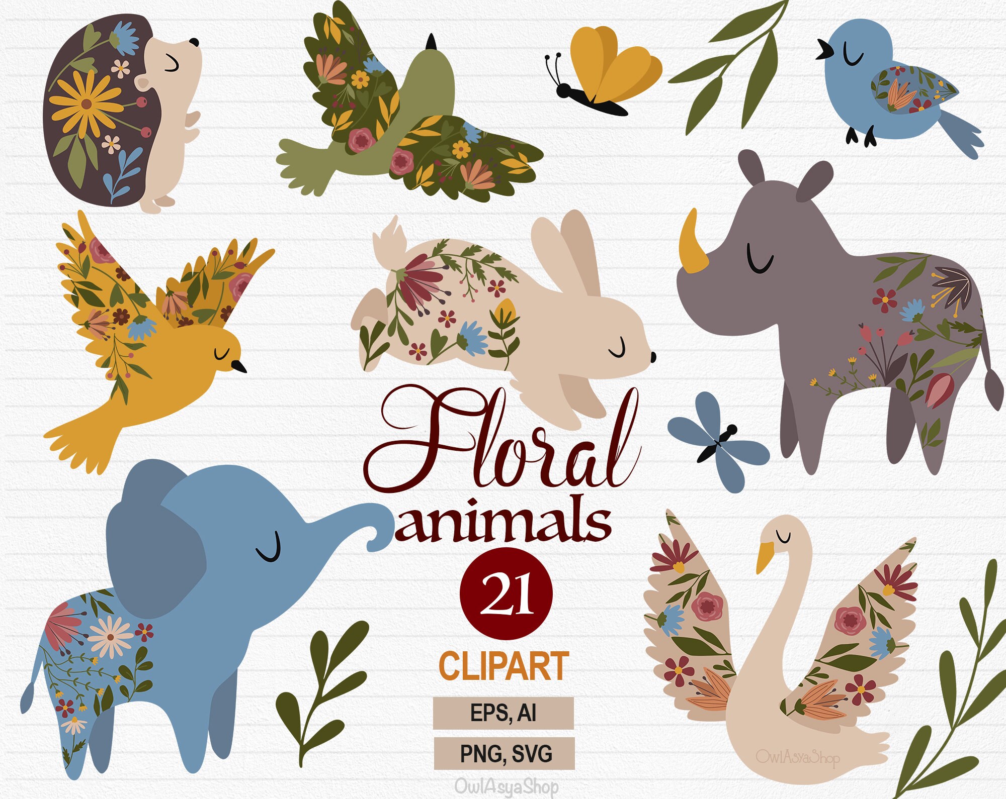 Floral Animals SVG, Cute Animal Clipart, Bird SVG, Flower Clipart ...